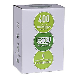 Eco-Products Compostable Disposable PLA Plastic Drinking Straws, Individually Wrapped, 7.75", 5mm, Green, Case of 9600