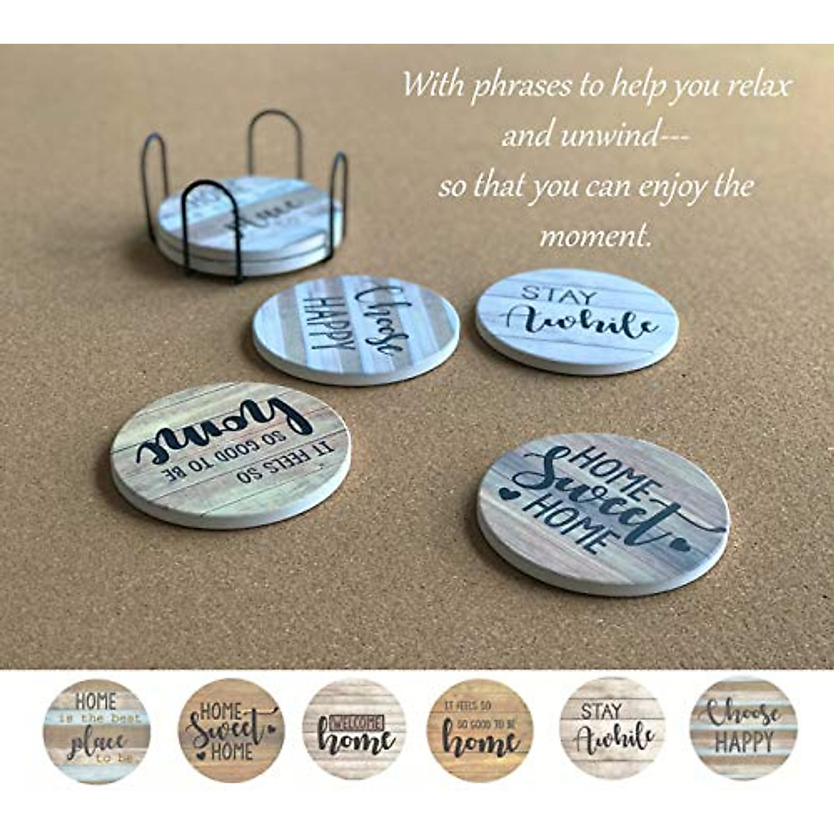 PANCHH Rustic Farmhouse Stone & Cork Coasters for Drinks, Absorbent - Set of 6 Coasters with Holder - Best Housewarming Gifts for New Home Ideas - Cute Kitchen and Coffee Table Décor & Accessories