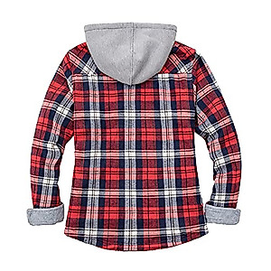 Lisskolo Womens Flannel Shirts Hoodie Fleece Jacket Long Sleeve Button Down Plaid Shirt Flannel with Pocket Red L