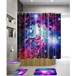 Amagical Galaxy Space Colorful Nebulae Purple Star Sky 16 Piece Bathroom Mat Set Shower Curtain Set Bath Mat Contour Mat Toilet Cover Fabric Shower Curtain with 12 Hooks