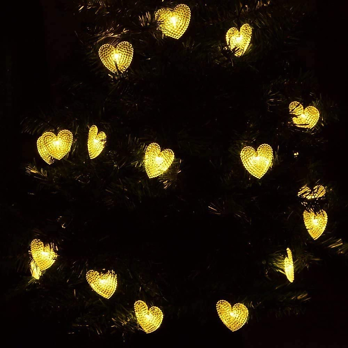 WONFAST Solar Heart String Lights, Waterproof 23ft 50LED Heart-Shaped 8 Mode Solar Starry Ambiance Lighting Christmas Fairy String Lights for Gardens Path Homes Wedding Party Decor (Warm White)