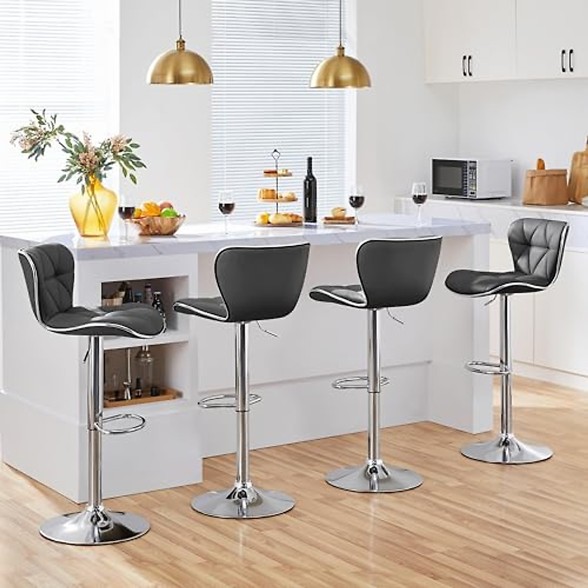 Yaheetech Bar Stools Set of 4, Island Chairs Shell Back, PU Leather Adjustable Barstools, Swivel Barstools with Footrest for Home Kitchen, Grey
