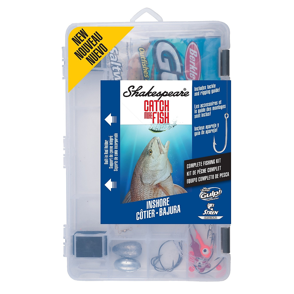 Shakespeare Catch More Fish Inshore Spinning Fishing Combo, includes Fishing Rod & Reel, Berkley Fishing Baits, Live Bait Tackle, Pre-Spooled with 10lb Stren Line