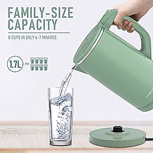 COOKTRON 1.7L Electric Kettle Quiet, Double Wall Hot Water Boiler BPA-Free, Quiet Boil and Cool Touch Tea Kettle, Cordless with Auto Shut-Off & Boil Dry Protection, 1500W Fast Boiling, Green