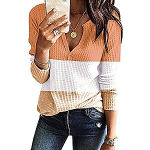 Womens V Neck Shirts Long Sleeve Waffle Knit Loose Fitting Warm Tee Tops Pullover Sweaters (Large, White&Coral&Light Khaki)