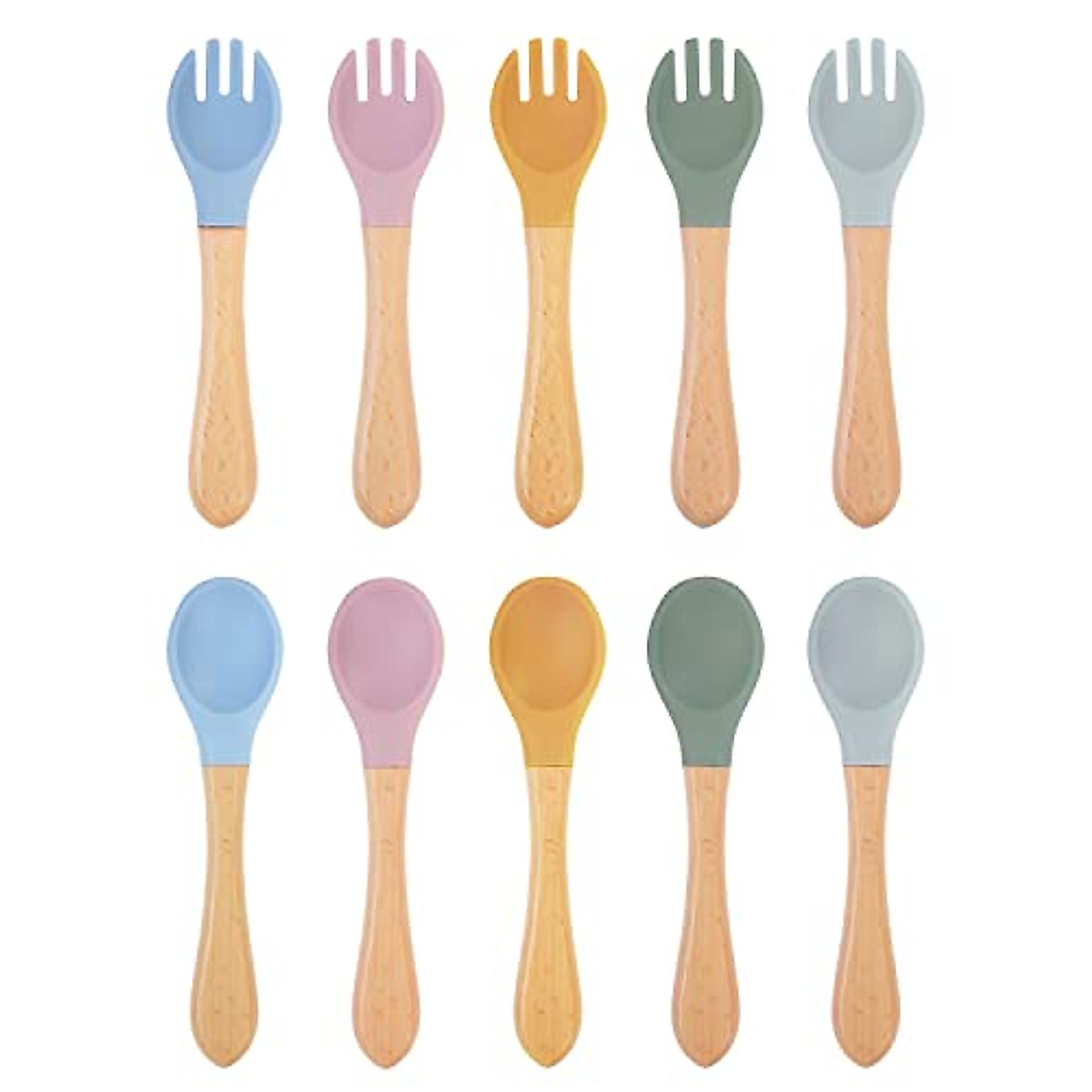 10 Pieces Bamboo Baby Spoons & Baby Forks Set, Chewable Baby Utensils for Self-Feeding, Bamboo and Silicone Baby Utensils, Kids Utensils for Over 6 Months Babies