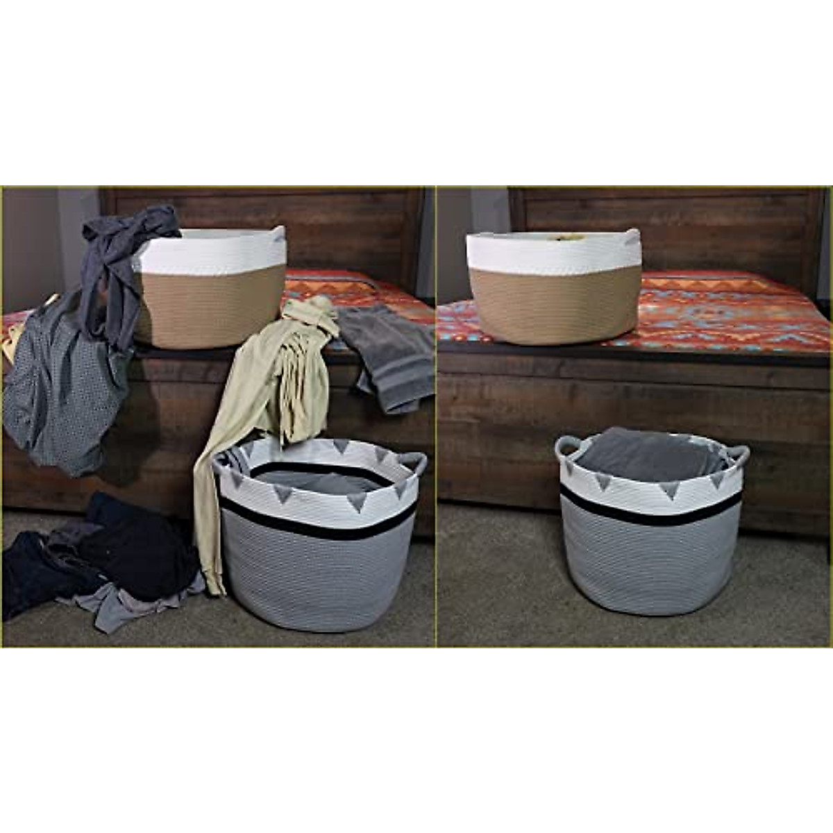 The Modish Store 18" X 18" X 15" Extra Large Premium Cotton Rope Basket Gray White Woven Basket for Blankets Toys Storage Basket with Handles Great for Comforter Cushions Storage Bins