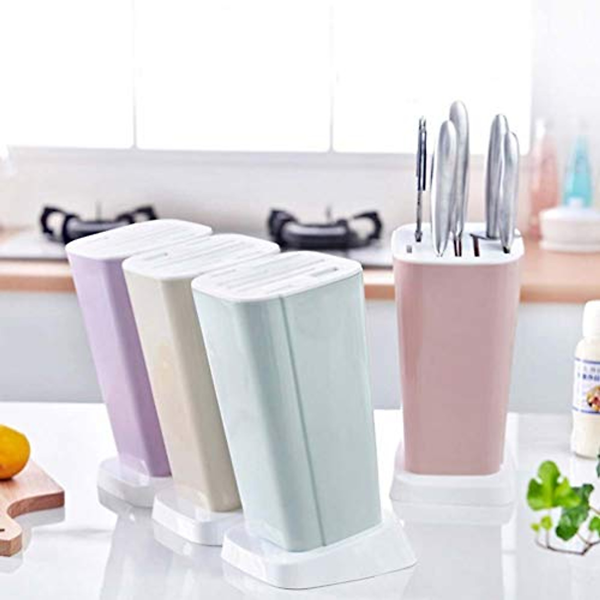 Universal Knife Block Plastic Block Without Knives: Kitchen Counter Universal Holder Modern Blocks Storage Organizer for Home Kitchen Restaurant Beige Knife Inserted Holder