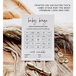 Baby Shower Bingo Game (50 Unique Cards), Pre-Filled, Baby Shower Games, Added Word Scramble (Minimalist)