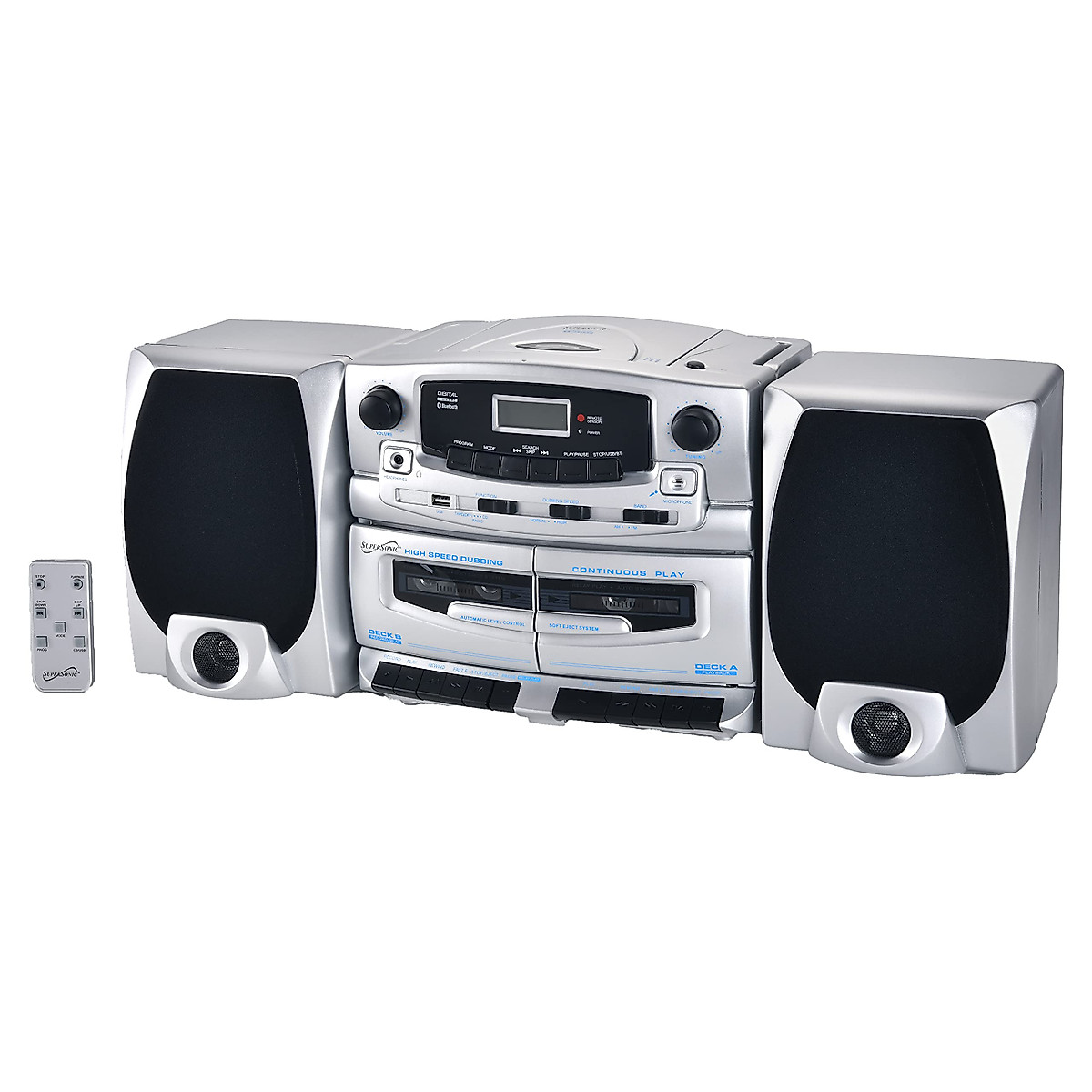 Supersonic SC-2121BT Bluetooth Entertainment Audio System, Bluetooth 5.0, op Loading MP3/CD Player, AM/FM Radio, USB Input, Double Cassette Recorder, High-Performance Detachable Speakers, AC/DC