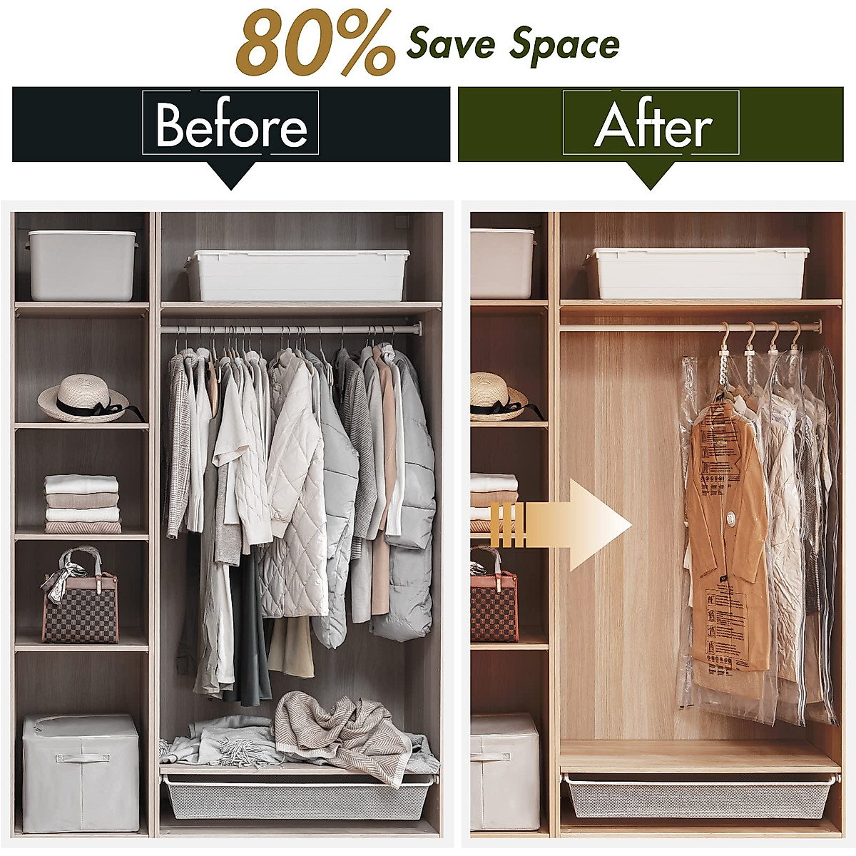 TAILI Hanging Vacuum Storage Bags Space Saver Bags for Clothes, 4 Pack Long 53x27.6 Inches, Vacuum Seal Storage Bag for Suits, Coats or Jackets, Closet Organizer and Storage, Minimize Clothes Wrinkles