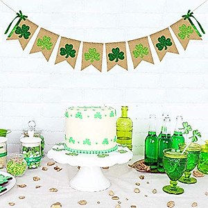 CAVLA Glittery Shamrock Burlap Banner St. Patrick's Day Green Shamrock Clover Banner Garland with Bows Saint Patrick's Day Party Decorations for Irish Lucky Day St. Patty’s Day Home Outdoor Decor