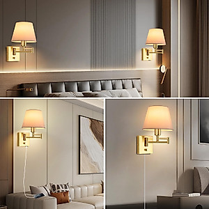 Affsure Bedside Wall Mount Light with Dimmable Switch, Swing Arm Fabric Shade Wall Sconce Light with USB Port and Plug in Cord, Gold Wall Lamp for Bedroom, Living Room and Hotel