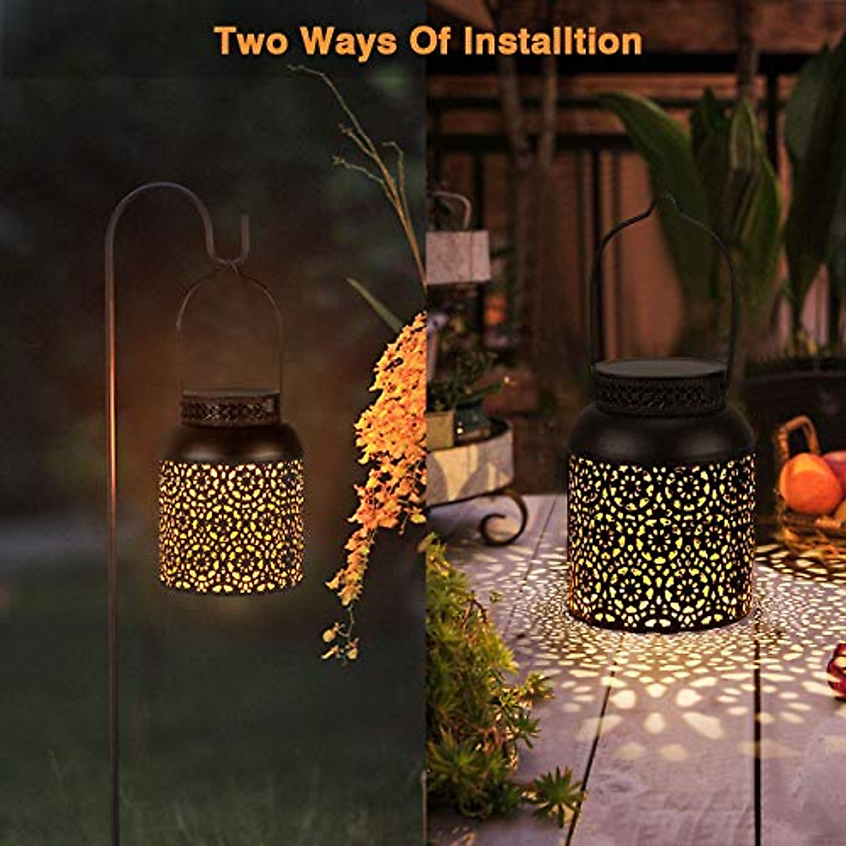 GolWof Solar Lanterns Outdoor Waterproof, 2 Pack Hanging Lanterns with Handles Decorative Metal Solar Powered Lights for Christmas Decoration, Backyard, Lawn, Garden, Patio, Party