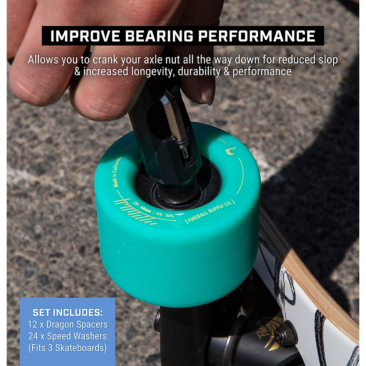 Fireball Dragon Spacers and Washers for Skateboards and Longboards (24 Rings, 12 Spacers) (Silver)