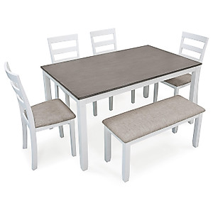Signature Design by Ashley Stonehollow Modern Farmhouse Dining Table with Upholstered Chairs and Bench, Set of 6, White & Gray