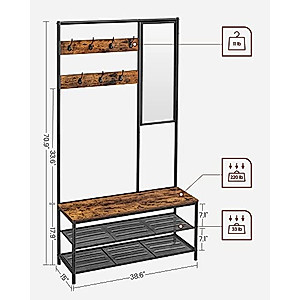 VASAGLE Coat Rack Shoe Bench with Mirror, Hall Tree with Bench and Shoe Storage Shelves, 15 x 38.6 x 70.9 in, Bedroom Living Room, Industrial Style, Rustic Brown and Black UHSR415B01