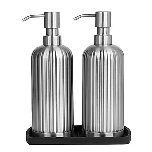 Gaussra Vertical Stripe Stainless Steel Soap Dispenser Set with Silicone Tray - 18 Oz Brushed Nickel Soap Dispenser Bathroom, Hand Dish Soap Dispenser for Kitchen Sink, Premium Farmhouse Kitchen Decor