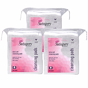 Swisspers Premium Facial Cleansing Pad, 100% Cotton, Ultra Soft, Extra Large, 50 White Pads per Reclosable Bag, 3 Bags (150 Pads Total)