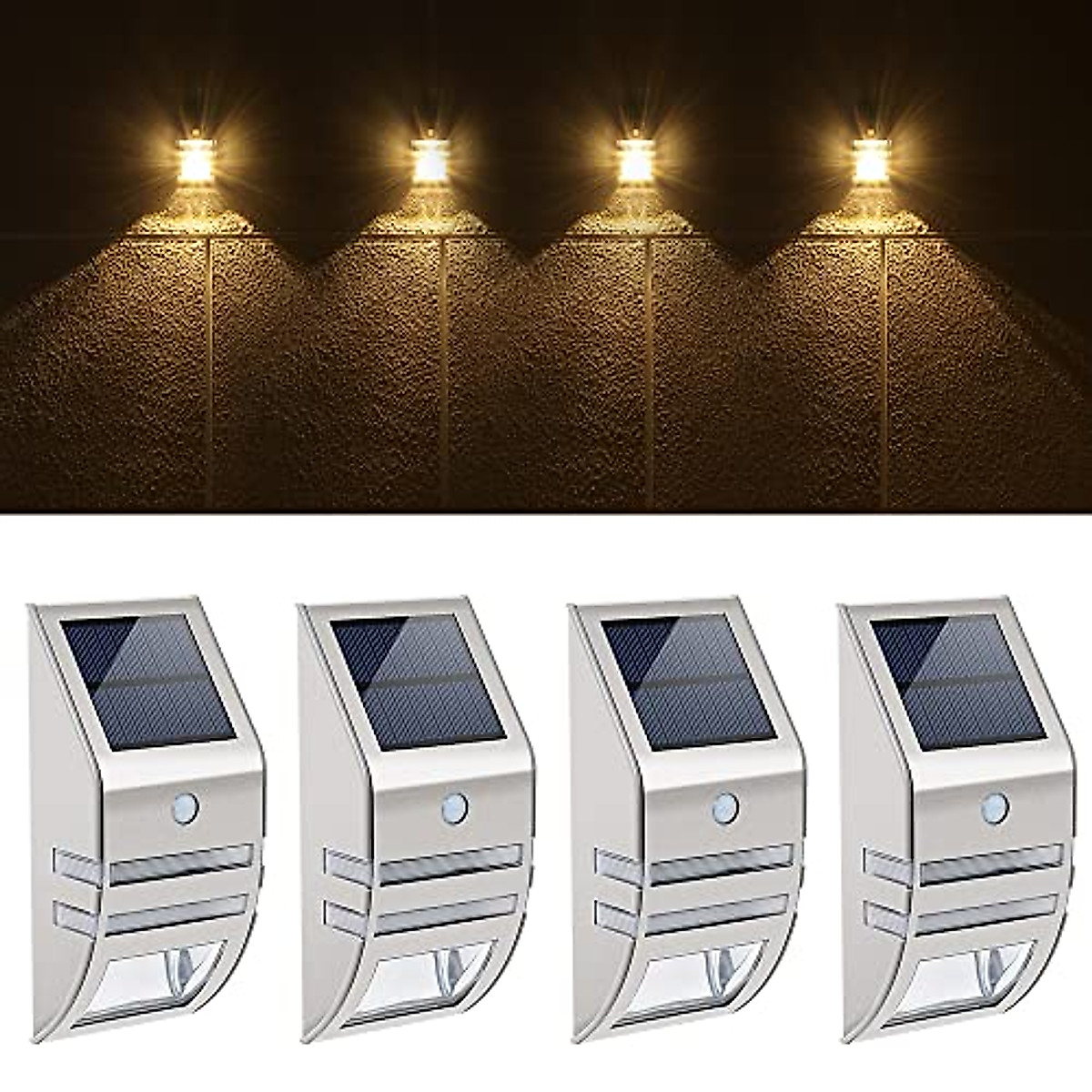 Roopure Solar Fence Lights Outdoor Waterproof, Solar Motion Lights Wall Mounted, Metal Solar Deck Lights, Auto On/Off Decorative Accent Light Security for Steps Stairs Post Yard, Warm Light, 4 Pack