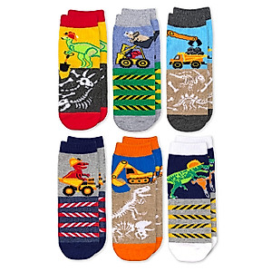 Jefferies Socks Boy's Dinosaur Construction Crew Socks 6 Pack, Multi, Medium