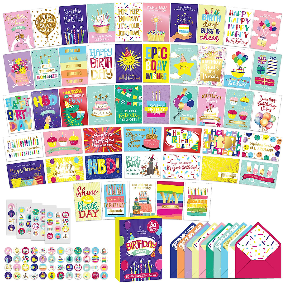 Decorably 50 Pack Foiled & Glittery Assorted Birthday Cards with Envelopes & Stickers - 50 Unique Designs Bulk Birthday Cards Bulk with Message Inside, 6x4in Bulk Birthday Cards with Envelopes