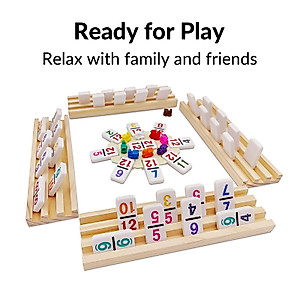 Mexican Train Dominoes Set with Numbers and 4 Wooden Trays/Racks, Double 12 Dominos Travel Set with 4 Tiles Holders, 91 Tiles Double 12 Colored Dominoes Game Set with Portable Case for Families Kids