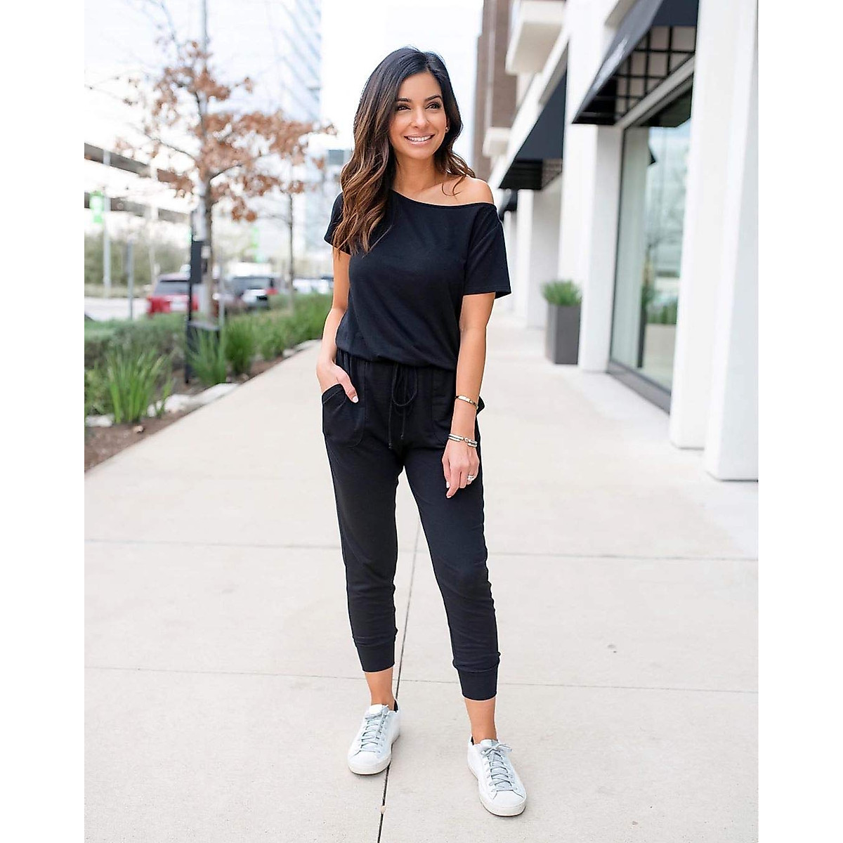 PRETTYGARDEN Jumpsuits for Women 2025 Summer Dressy Off Shoulder Romper Spring Vacation Travel Lounge Outfits Clothes (Black,Large)