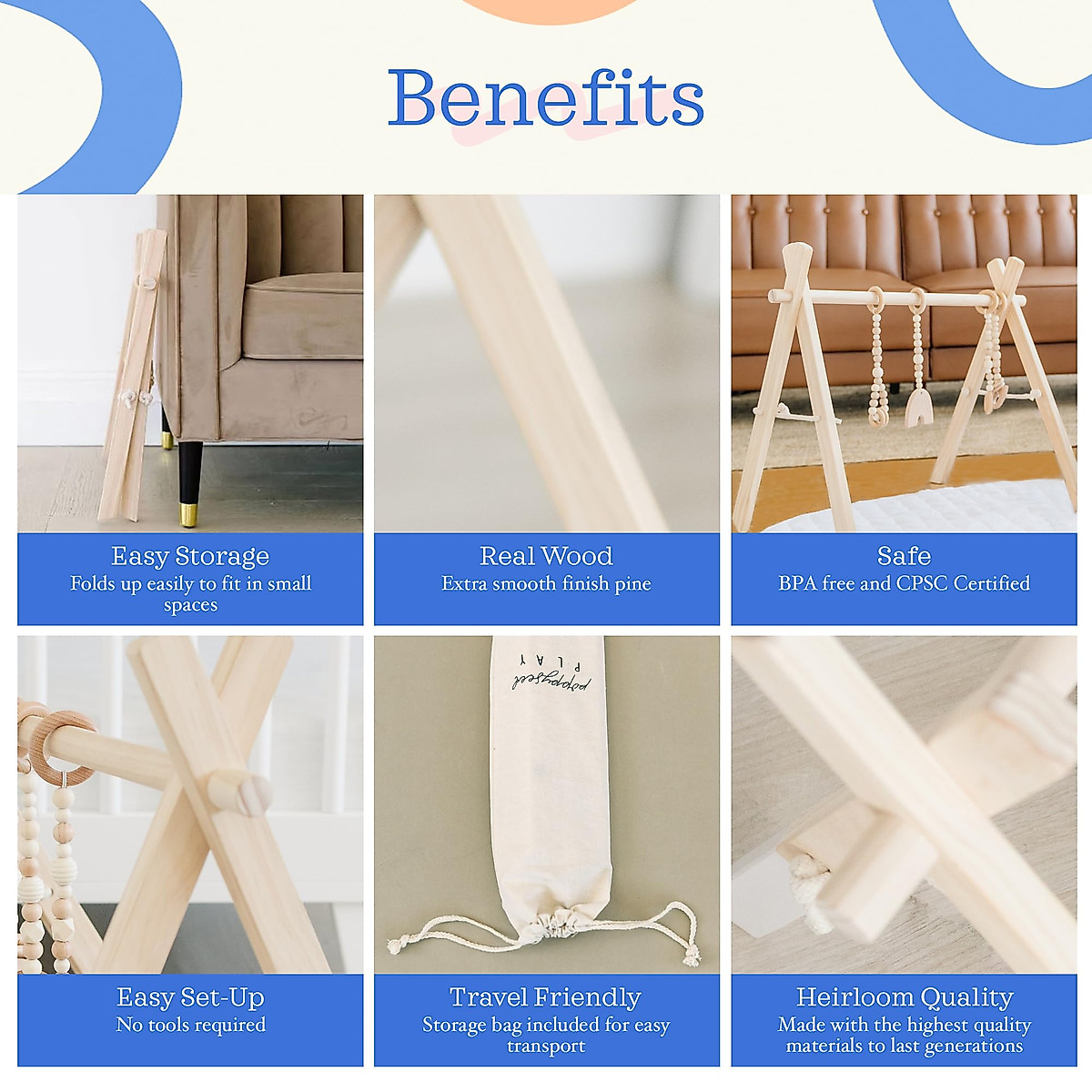 Poppyseed Play Wooden Baby Play Gym, Foldable Frame w/Hanging Bar, Tied Cotton Cord & Wooden Toys, Gender Neutral Baby Activity Set, Easy to Assemble (White Wood, Macrame Toys)