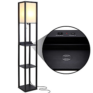 Brightech Maxwell – Modern Shelf Floor Lamp with USB Ports, Wireless Charging Station & Outlet – Living Room and Office Corner Display Floor Lamps with Shelves – Fits on Bedroom Nightstands – Black