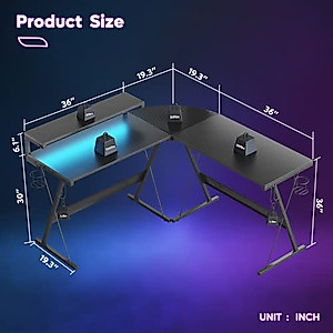 Bestier LED Gaming Desk 55" L Shaped Computer Corner Desk with 2 Cup Holders 2 Headset Hooks 36" Large Monitor Shelf Home Office Desk Bedroom Reversible 72" Long Desk for 2 Persons, Black