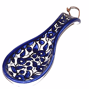 Armenian hand painted cooking Spoon Rest/Ladle Holder - Large with deep Round Cup part - Asfour Outlet Trademark (Blue Flowers 8.5 Inches)
