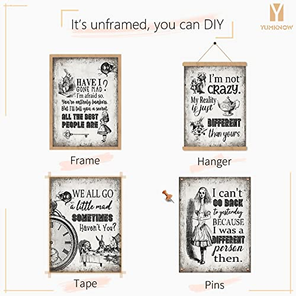 Alice Inspirational Saying Quotes Poster Prints Room Decor - Alice in Wonderland Wall Art Decor, Motivational Wall Art for Alice Fans, Self Affirmation Gift for Women Teen Girl Cheshire Cat Mad Hatter