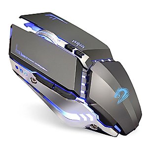 TENMOS T12 Wireless Gaming Mouse Rechargeable, 2.4G Silent Optical Wireless Computer Mice with Changeable LED Light for Laptop PC, 7 Buttons, 3 Adjustable DPI (Grey)
