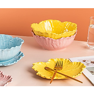 AwakingWaves Cute Handmade Ceramic Cereal Bowl with Hibiscus Designs for Fruit, Salad and Soup,Sculpted Flower-Shaped Candy Pink Bowl for Kitchen, Microwave and Dishwasher Safe, Party Decor