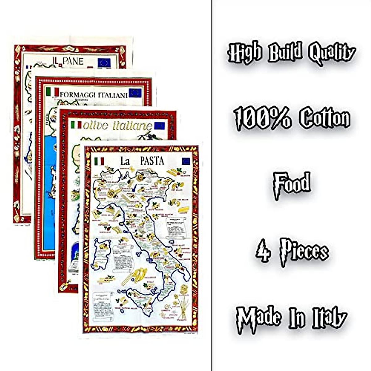 BLU RITMO Kitchen Tea Towel Set, Cotton Kitchen Towels Made in Italy, Colorful Multi-Purpose Absorbent Cloths, Large Cloth 21 x 33 in (Food - 4 Pieces)