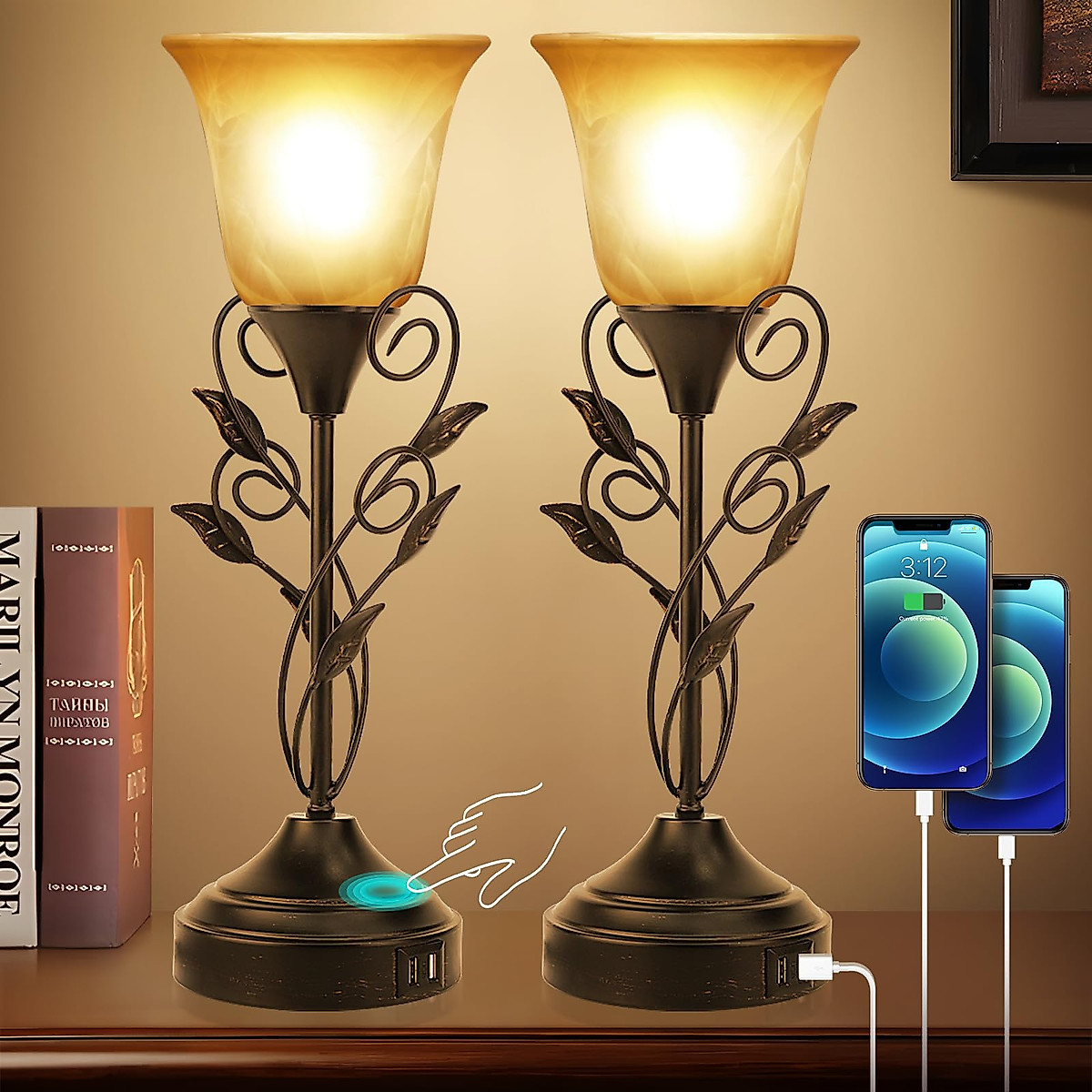 Bedside Lamps, Table Lamp with USB Port 3 Way Dimmable Touch lamp Torchiere Nightstand Lamps with Rustic Vines Leaf and Glass Flower Shade lamp for Bedroom, Living Room, Office
