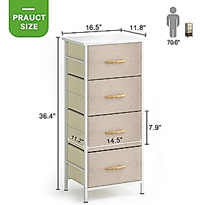 JSungo Dresser Storage Tower with 4 Drawers, Fabric Organizer Unit with Wooden Top for Bedroom, Living Room, Closets, 4 Tier Fabric Shelf with Steel Frame and Handles for Printer, Beige