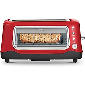 DASH Clear View Toaster - Compact Design with 7 Browning Levels & Clear-View Window, Extra-Wide Slot Large Toaster, 1-Touch Defrost, Reheat & Bagel Functions - Easy Clean Up Crumb Tray (Red)
