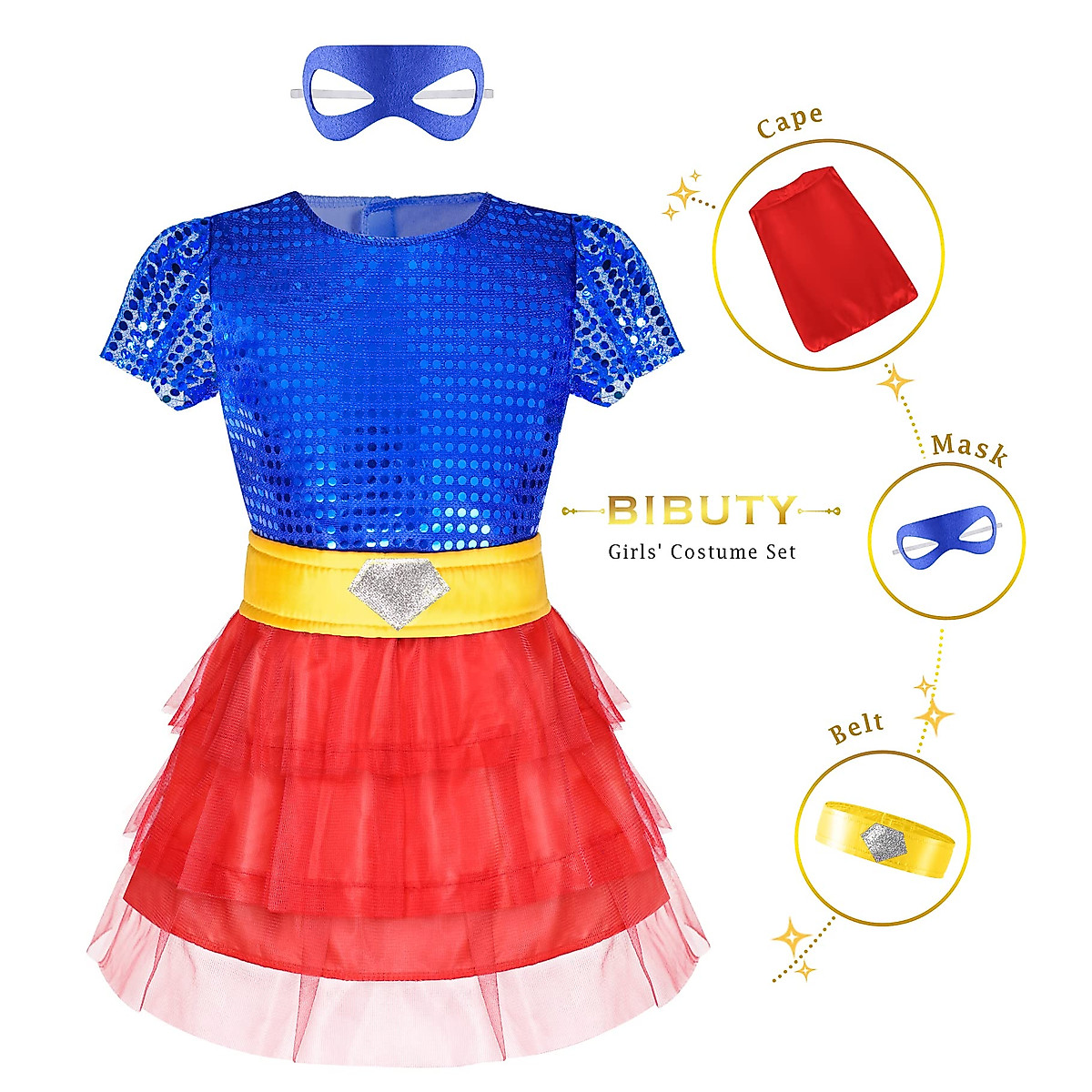 BIBUTY Kids Princess Dress Up Clothes for Little Girls, Pretend Play & Dress Up Princess Costume Set with ith 4 Set of Supergirl Costume with Capes and Masks, Toys Gifts for 3-6 Toddler Little Girls