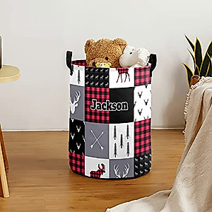 Buffalo Plaid Deer Woodland Personalized Waterproof Foldable Laundry Basket Bag with Handle, Custom Collapsible Clothes Hamper Storage Bin for Toys Laundry Dorm Travel Bathroom