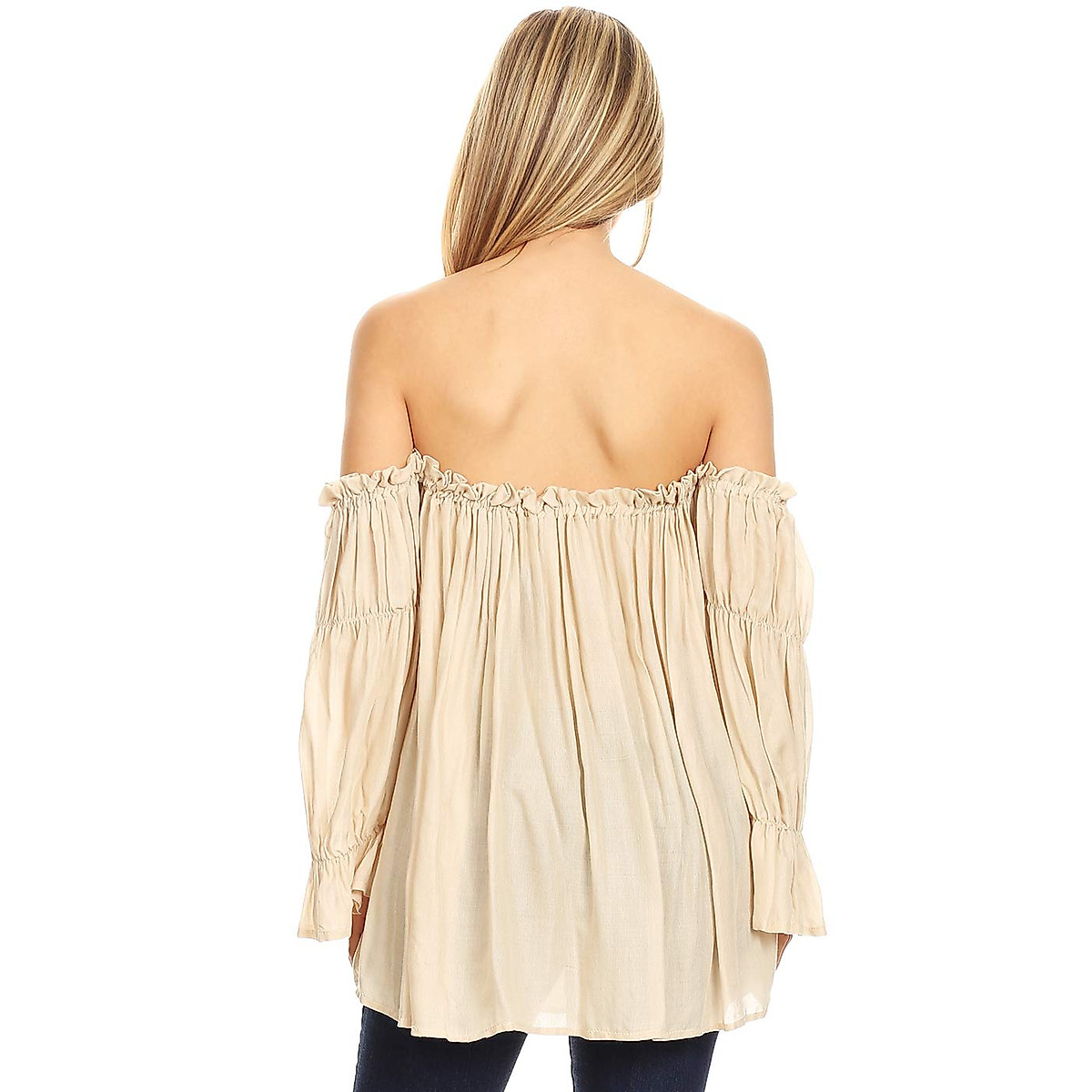 Anna-Kaci Womens Semi Sheer Boho Peasant Long Sleeve Off The Shoulder Top, Beige, XX-Large