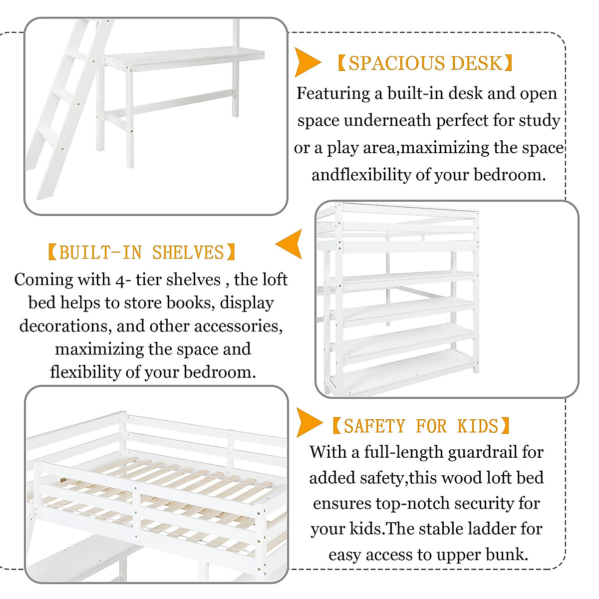 Harper & Bright Designs Twin Size Loft Bed with Desk Underneath Twin Loft Bed with Shelves and Ladder, Wood Loft Bed Twin for Kids Girls Boys,White