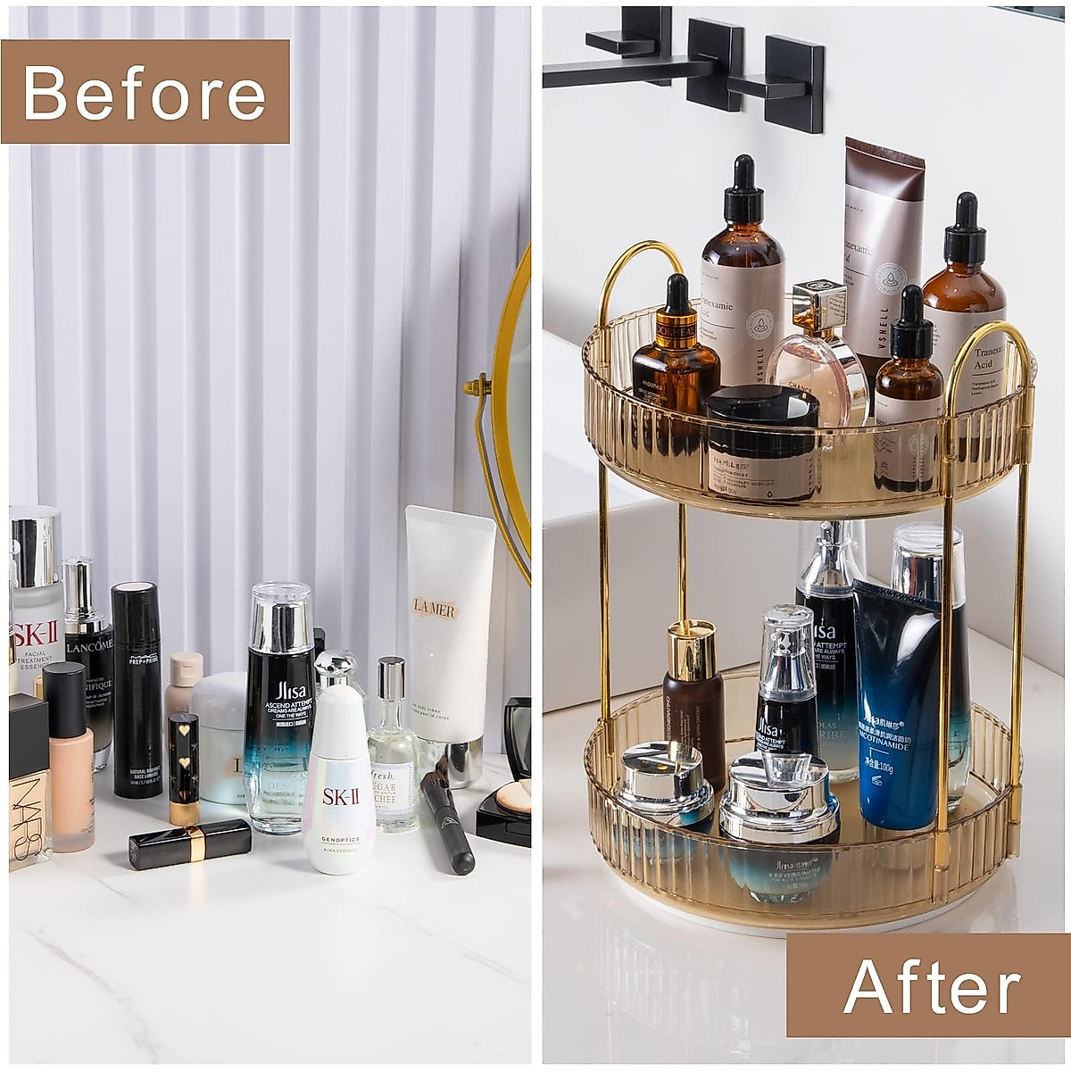 GTI 360° Rotating Makeup Organizer, 2 Tier Bathroom Counter Organizer,Large Capacity Perfume Cosmetics Skincare Vanity Organizers, Dresser Spinning Countertop Organizer and Storage for Women (Gold)