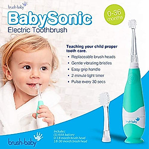 brush-baby BabySonic Infant and Toddler Electric Toothbrush for Ages 0-3 Years - Smart LED Timer and Gentle Vibration Provide a Fun Brushing Experience - Includes 2 Sensitive Brush Heads (Teal)