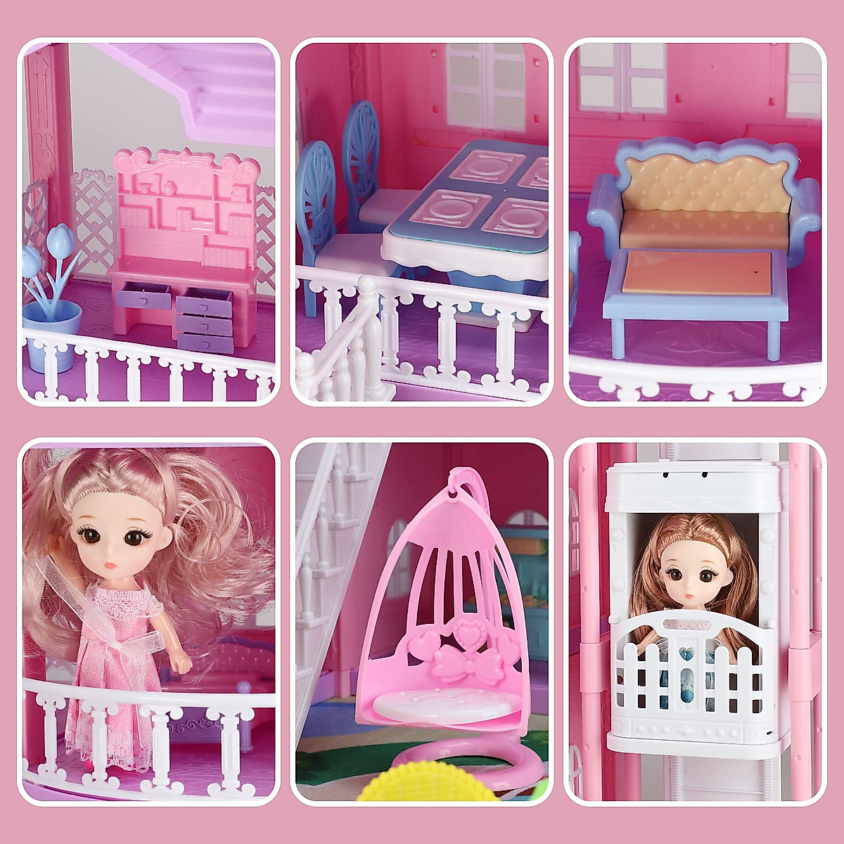 R HOME STORE Doll House Play House - 4-Story 9 Rooms Dream House Dollhouse with Lights, 2 Dolls Toy Figures, Controllable Elevators & Furniture Accessories Playhouse Toys Ages 3 4 5 6 Girls