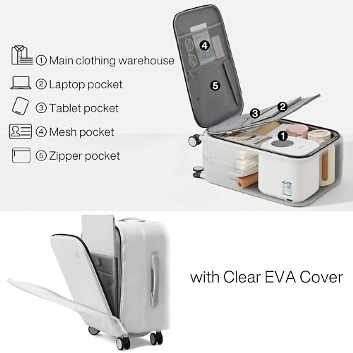 Mixi Carry On Luggage, 20'' Suitcase with Front Laptop Pocket, Travel Rolling Luggage Aluminum Frame PC Hardside with Spinner Wheels & TSA Lock and Cover - Smoke White