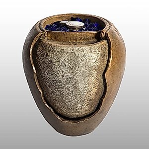 Teamson Home Large Outdoor Water Fountain Pot with Fire Pit and Fire Glass, Brown