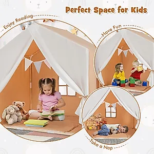 Costzon Large Kids Tent with Mat, Children's Play Tent w/Flag Banner, Windows, Gauze Curtain, Solid Wood Frame, Indoor Outdoor Kids Playhouse for Boys & Girls Age 3 + (Orange)