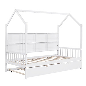 Twin House Bed with Trundle and Storage Shelves, Montessori Bed, Twin Platform Bed Frame with Roof, Tent Bed, Solid Wood Playhouse Bed for Kids Teens Girls Boys (Twin Size, White)